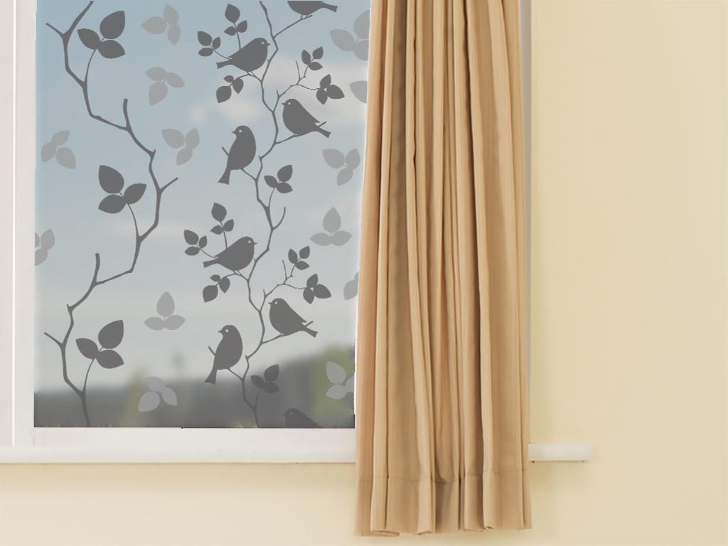 Folie geam autoadeziva Almeria, culoare gri, model pasari si crengi