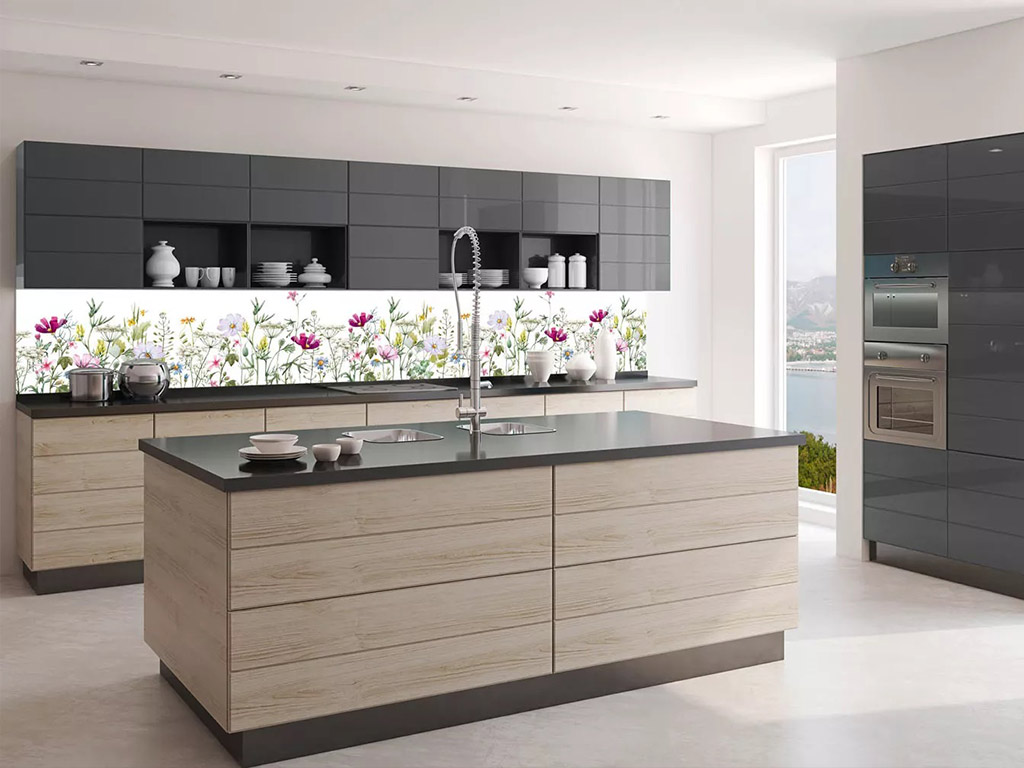 Autocolant perete bucatarie, Dimex, alb cu model floral multicolor ...