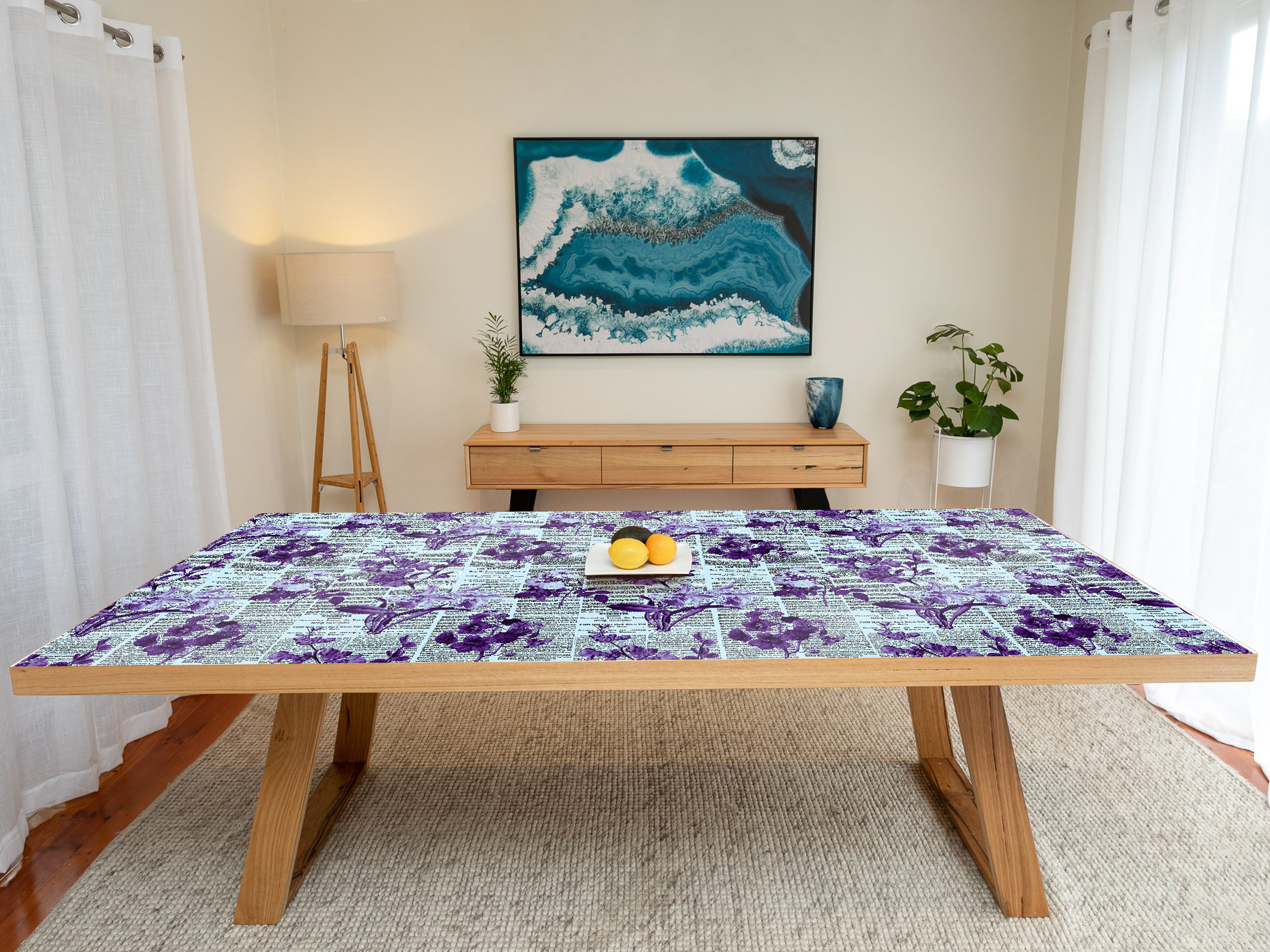 Autocolant blat masă, model ziar cu flori mov, 100 x 200 cm, racletă ...