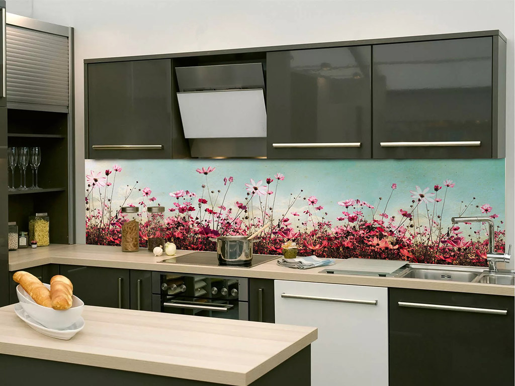 Autocolant Perete Contrablat Bucătărie cu Peisaj Flori de Câmp Roz ...