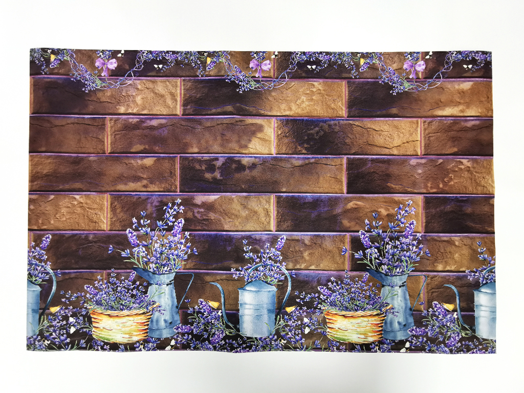 Autocolant perete bucătărie, Folina, cărămidă maro cu decor floral mov ...