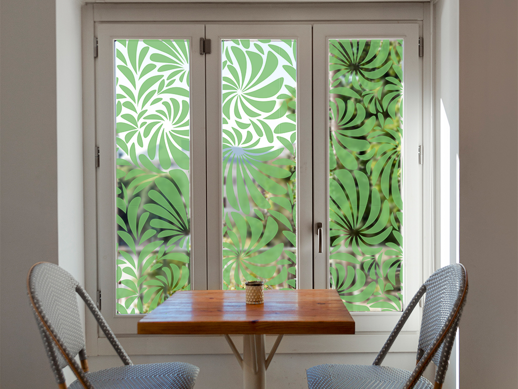 Folie geam autoadezivă, Folina, sablare cu model frunze verzi, 100 cm ...