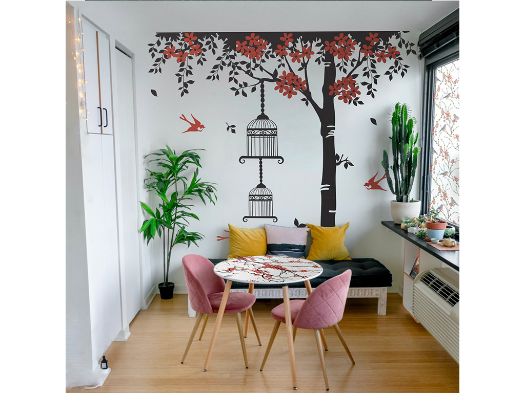 Sticker perete Copac flori rosii, sticker decorativ pentru perete, Folina