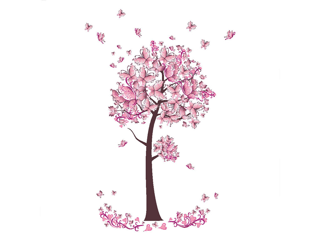 Sticker cameră fetiţă Copacul cu fluturi roz, 100 cm înălţime