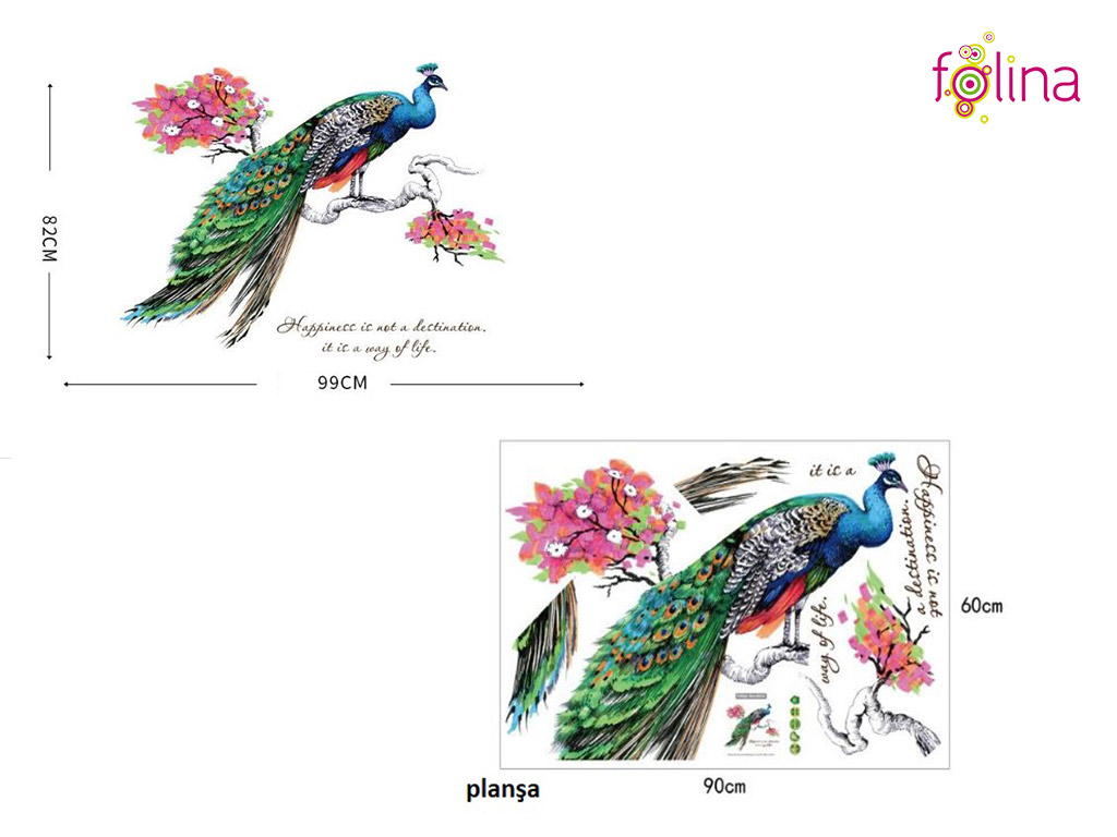 Sticker perete Păun, multicolor, 100 cm