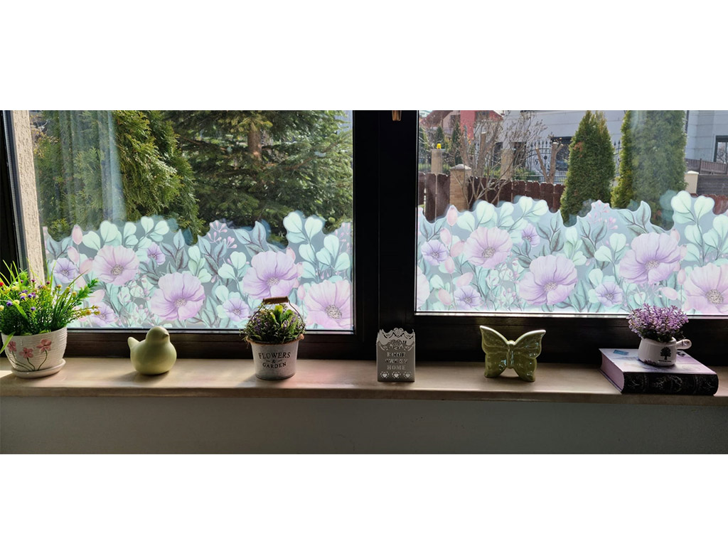 Sticker geam, Folina, bordura decorativa cu flori mov, 25x130 cm