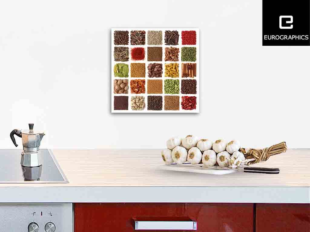 Tablou sticlă Spices, cu imprimeu semințe, perfect pentru bucătărie.