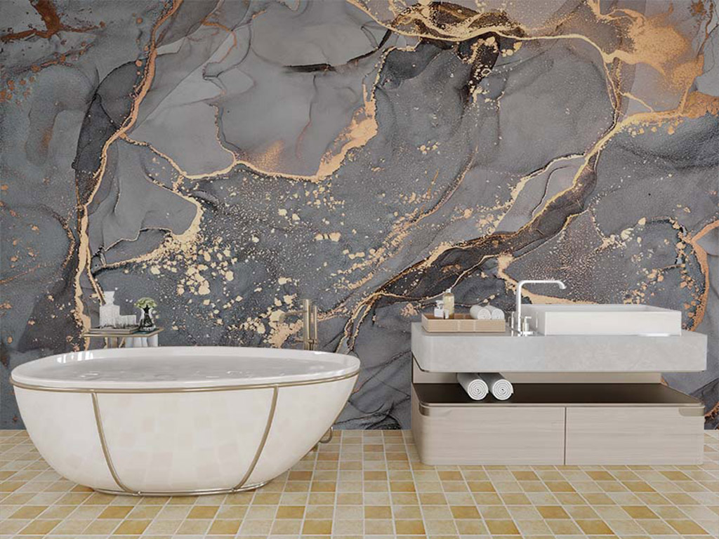 Tapet baie Golden textured marble, marmură gri cu detalii aurii ...