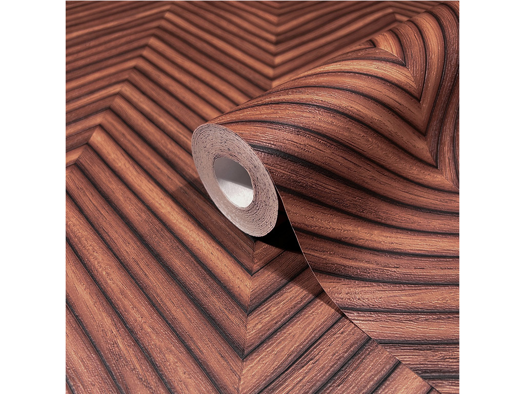 Tapet chevron textură lemn maro roşcat, Marburg Travertino 33379, vlies ...