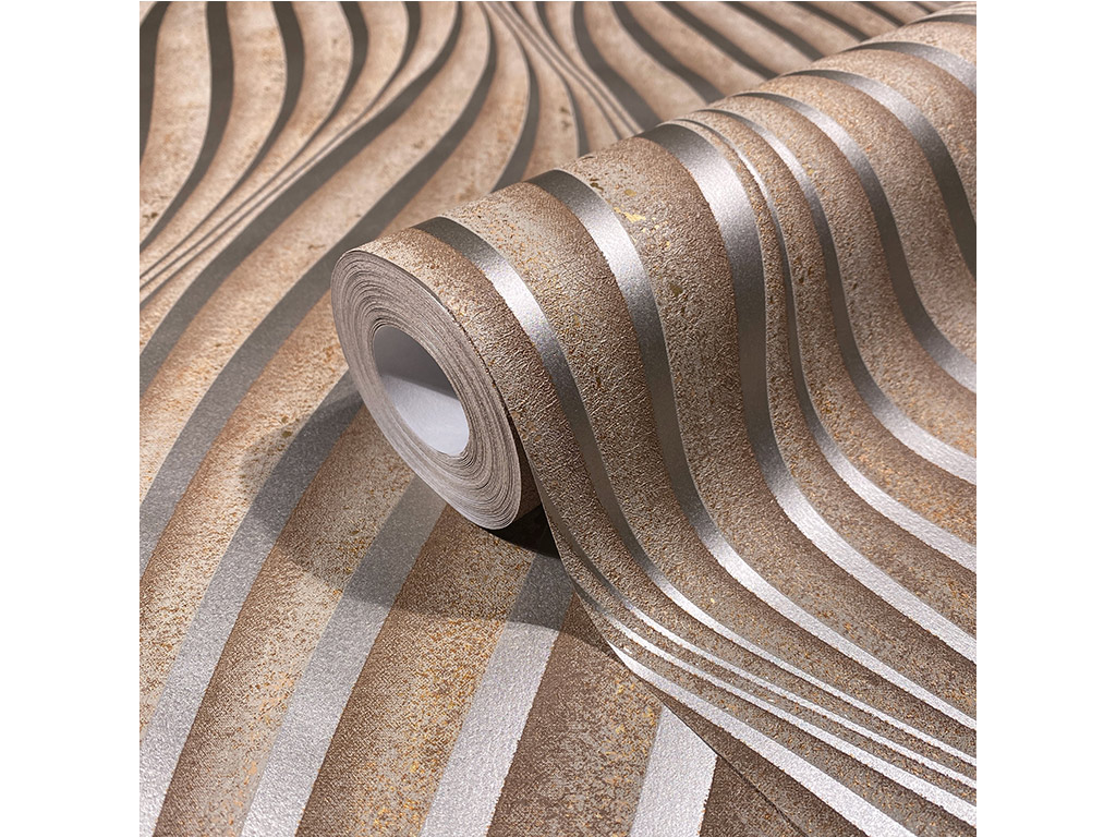 Tapet maro deschis cu model dungi şerpuite argintii, Marburg City Glow ...